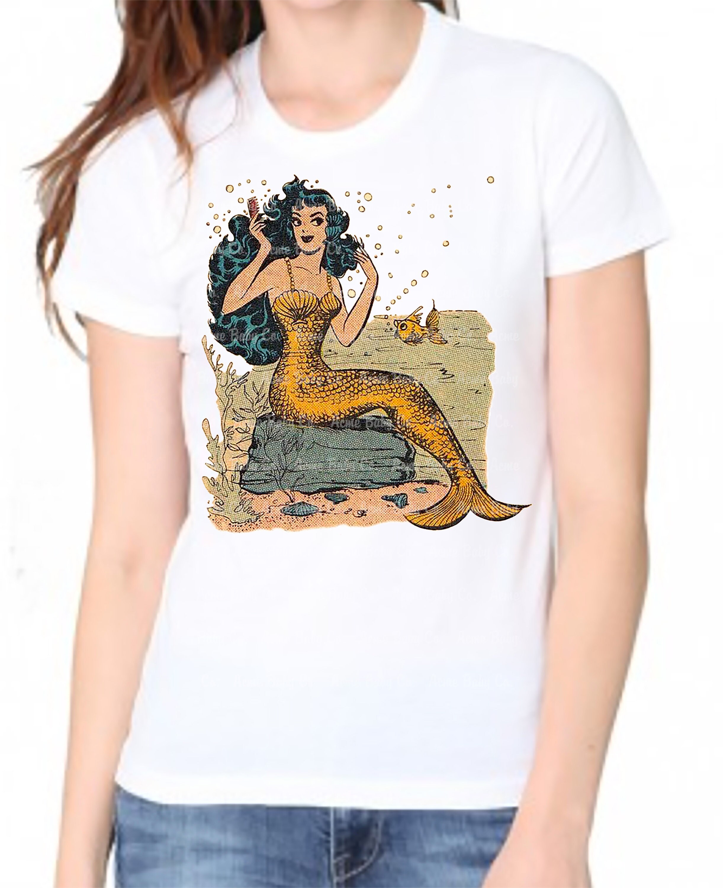 Brunette Retro Comic Mermaid Women's Shirt. Organic Shirt With Siren of ...