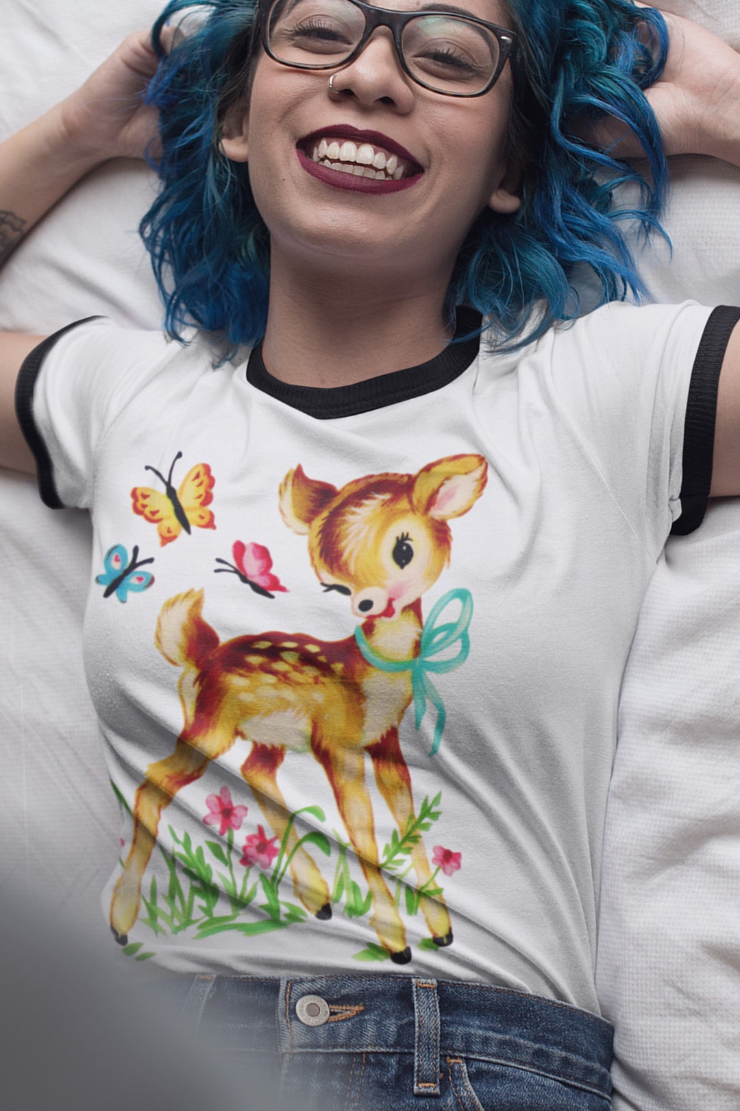 Retro Ringer Tee. Deer With Butterfly Friends Unisex Cotton Ringer T ...