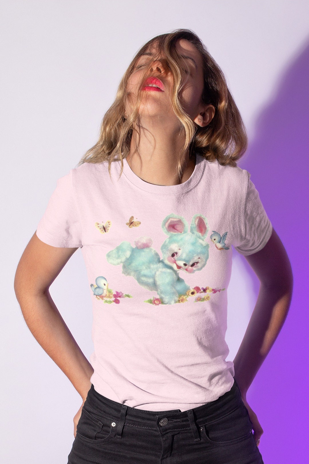 Hoppity Bunny Women's Tee. Vintage Vibes Cute Blue Rabbit. Kitsch ...