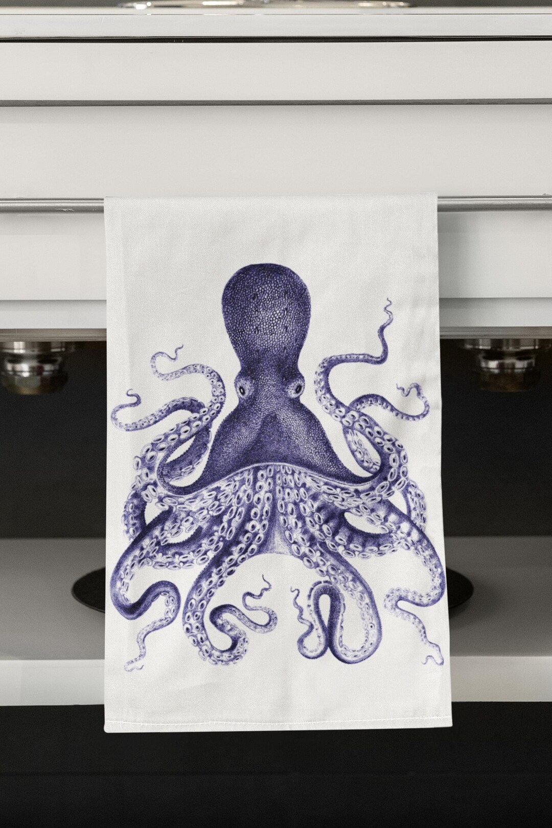 Cotton Kitchen Towel. Retro Blue Octopus Organic Towel. Marine Themed ...