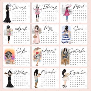 Choice of 12 Fashion Girl Calendar Cards Set , Desktop , Planner ...