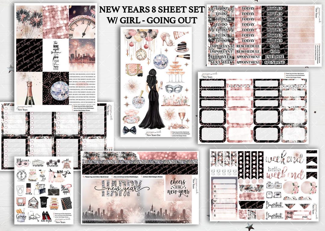 New Years 8 Sheet Going Out Planner Sticker Set | Fashion Girl Stickers ...