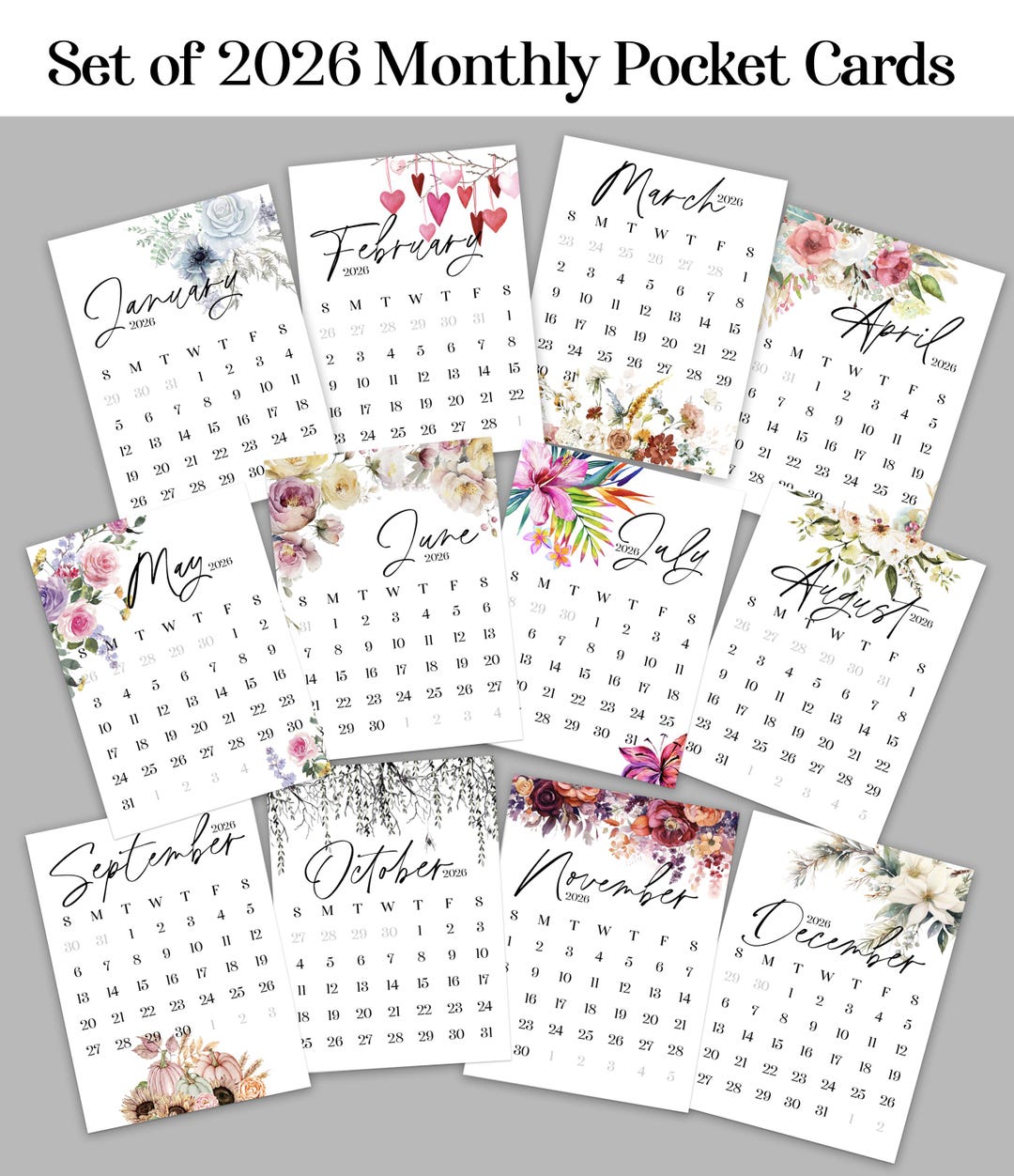 2026 Floral Pocket Calendar Set of 12 | Mini Monthly Calendars ...