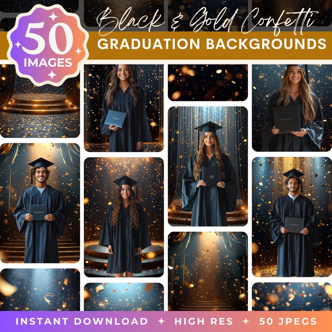 50 Confetti Graduation Party Backdrops: Black & Gold Class of 2026 ...