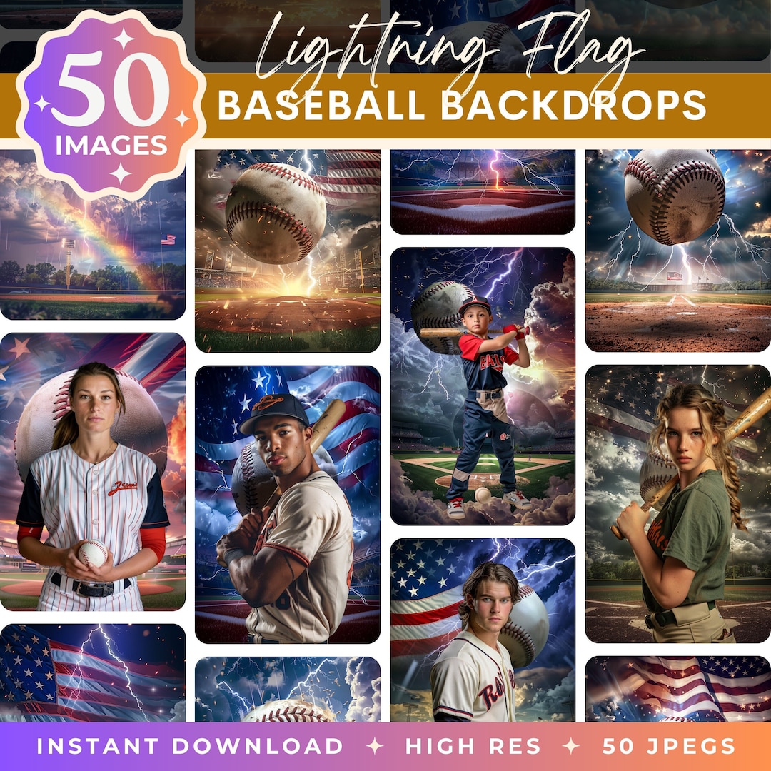 50 Sports Photography Backdrops: Lightning Flag Baseball Field Digital ...