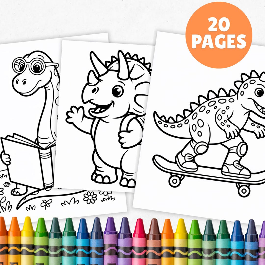 Dinosaur Coloring Pages for Kids – 20 Cartoon Adventures (instant ...