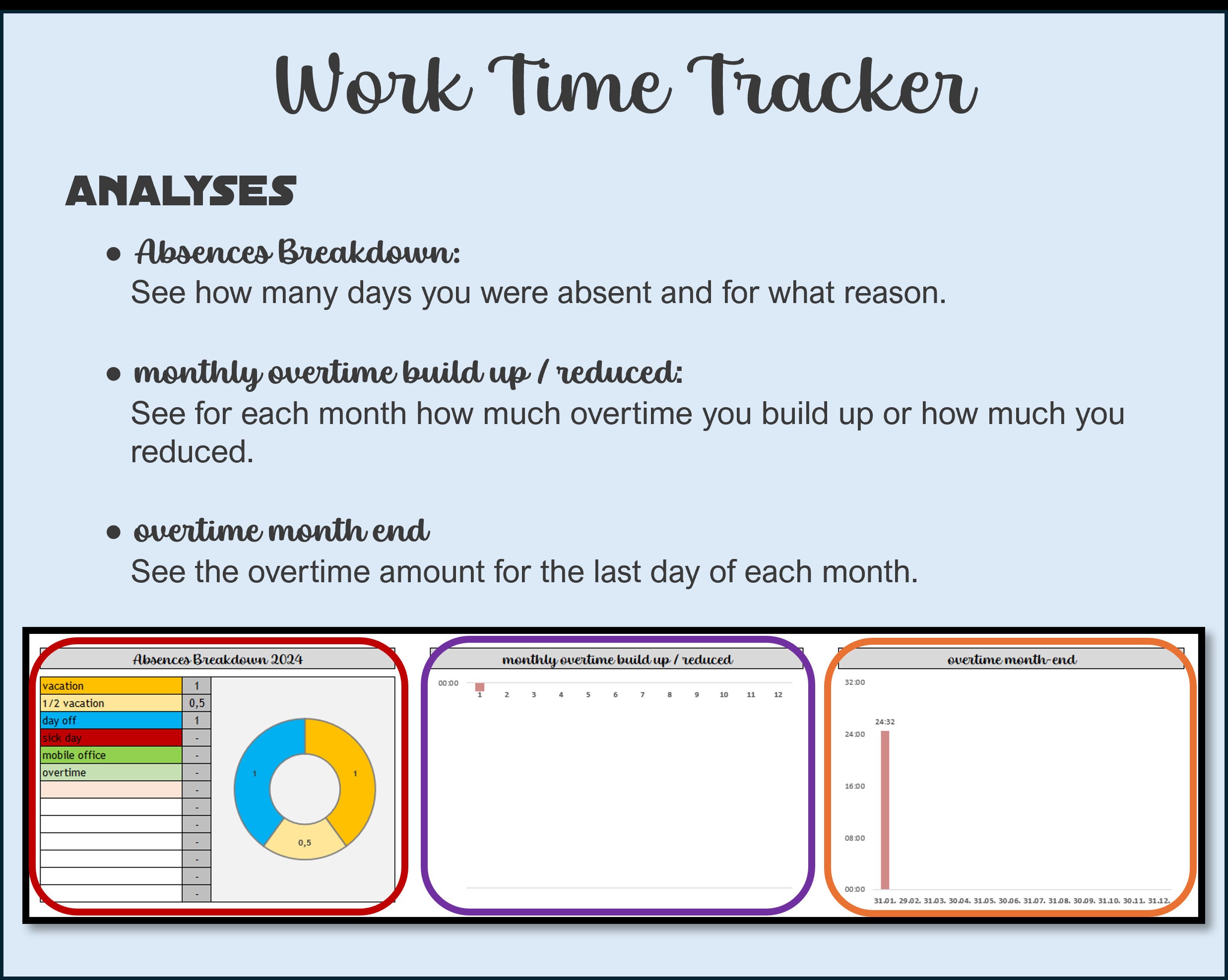 Work Time Tracker, Calender, Overtime, Absences, Office Planner, Excel ...