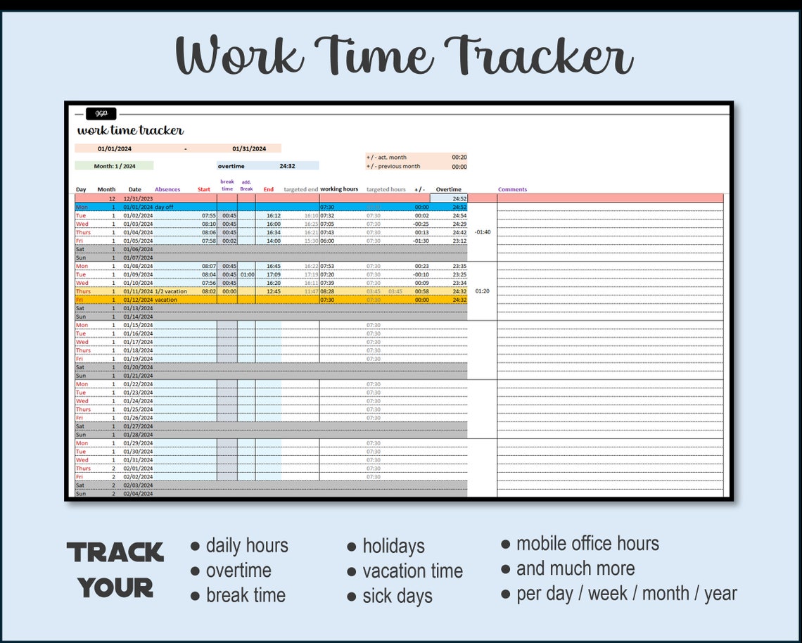 Work Time Tracker, Calender, Overtime, Absences, Office Planner, Excel ...