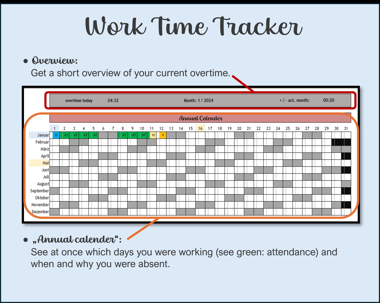 Work Time Tracker, Calender, Overtime, Absences, Office Planner, Excel ...