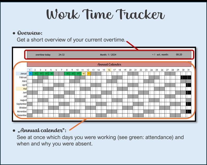 Work Time Tracker, Calender, Overtime, Absences, Office Planner, Excel ...