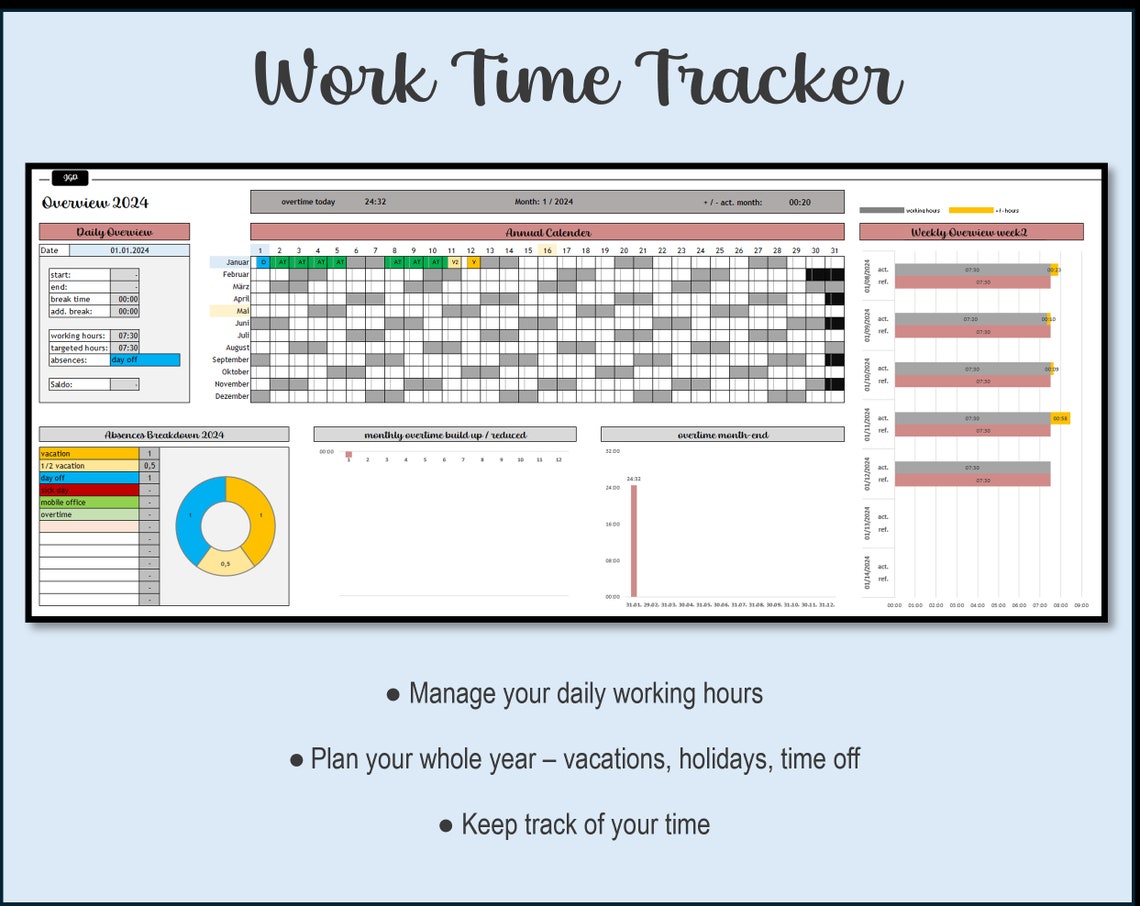 Work Time Tracker, Calender, Overtime, Absences, Office Planner, Excel ...