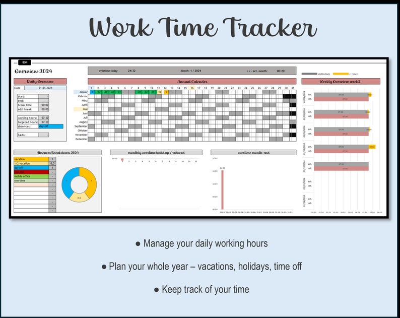 Work Time Tracker, Calender, Overtime, Absences, Office Planner, Excel ...