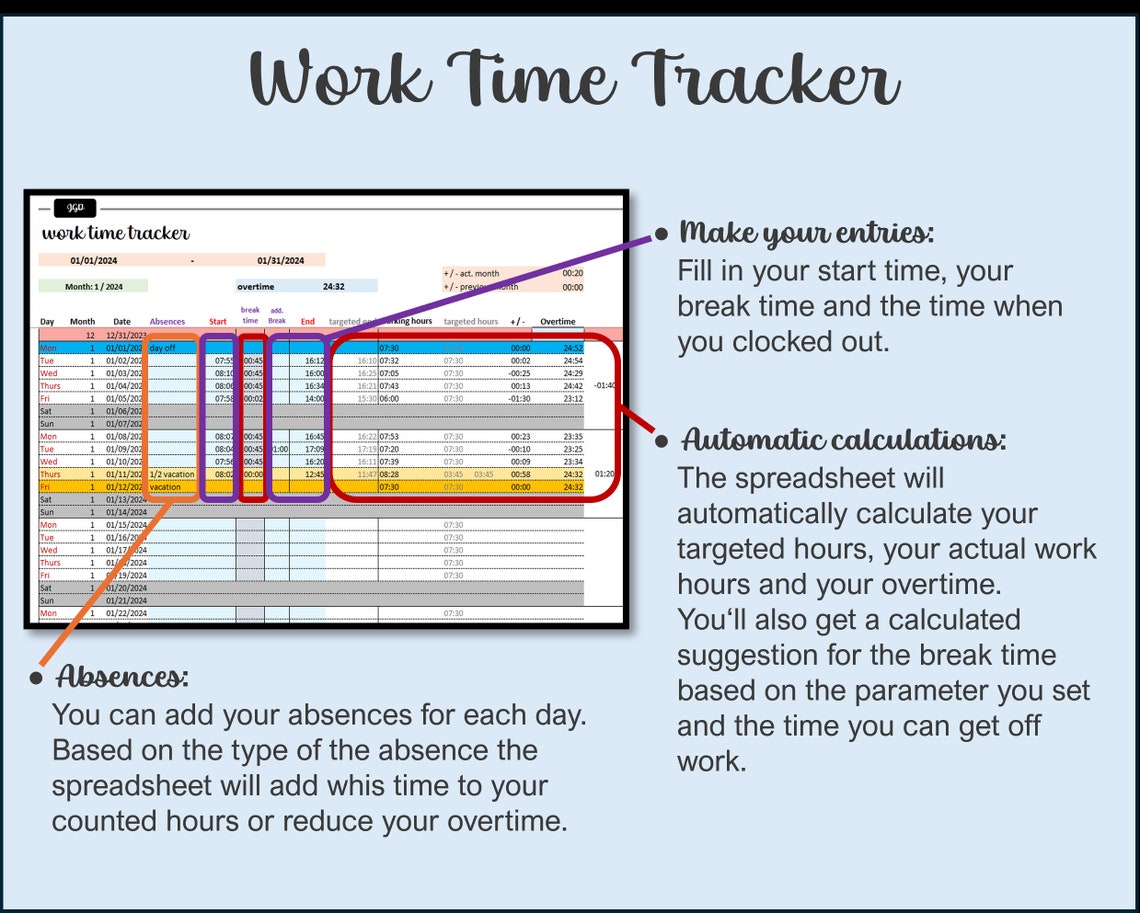 Work Time Tracker, Calender, Overtime, Absences, Office Planner, Excel ...