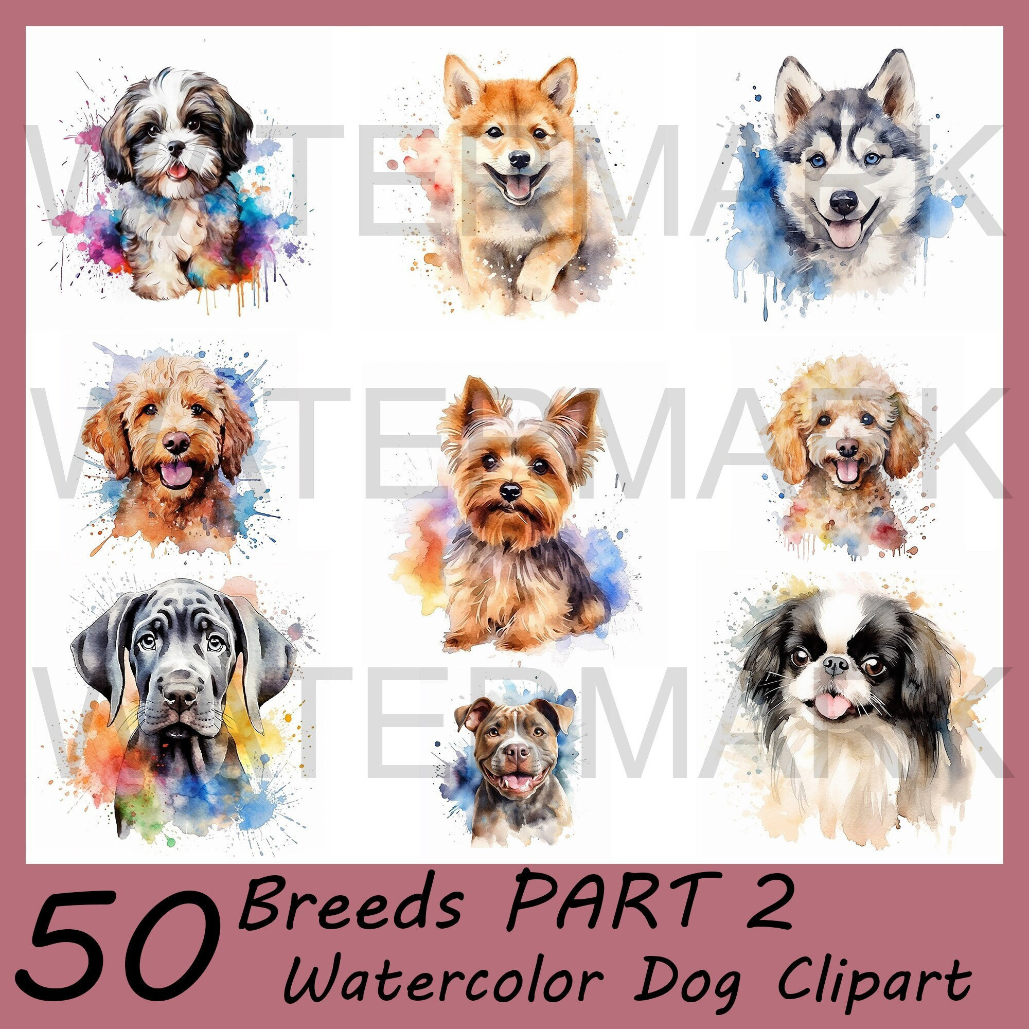 50 Dogs Clipart, Watercolor Puppy Clipart Bundle, PNG,, Puppies, Dog ...