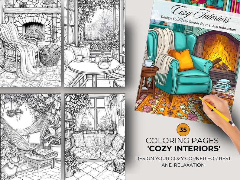 35 Cozy Interiors Coloring Pages, Coloring Pages for Adults and Kids ...