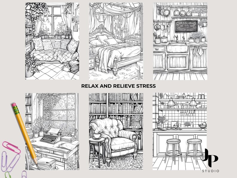 35 Cozy Interiors Coloring Pages, Coloring Pages for Adults and Kids ...