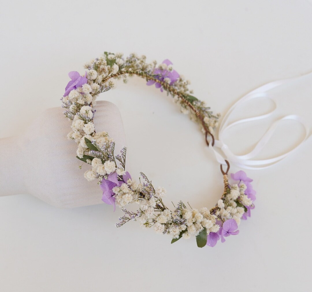 Baby Breath+hydrangeas Dried Flower Crown, Sage Green+purple Mixed Girl ...