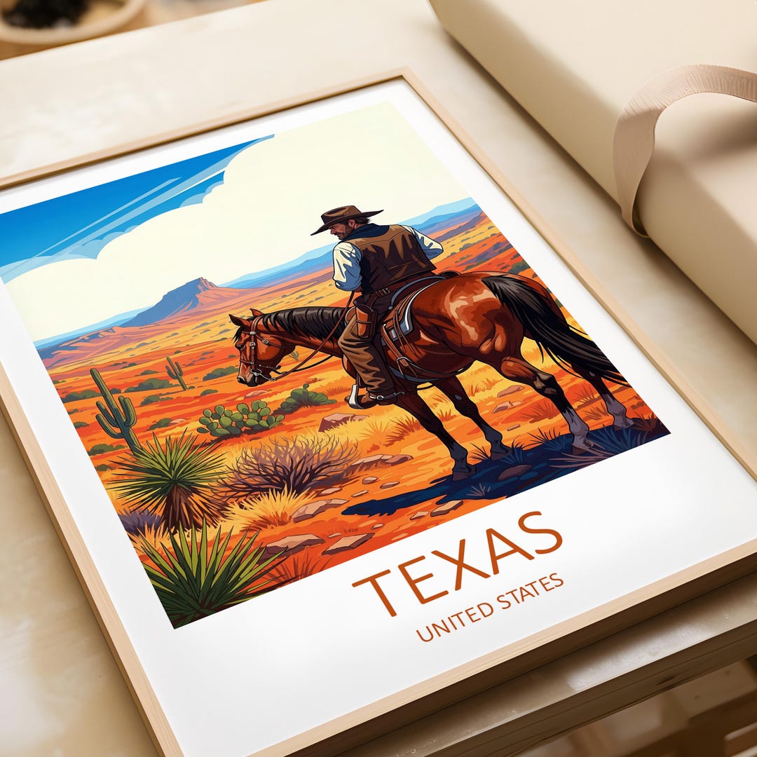 Texas Travel Poster: Cowboy Landscape Art Print - Etsy