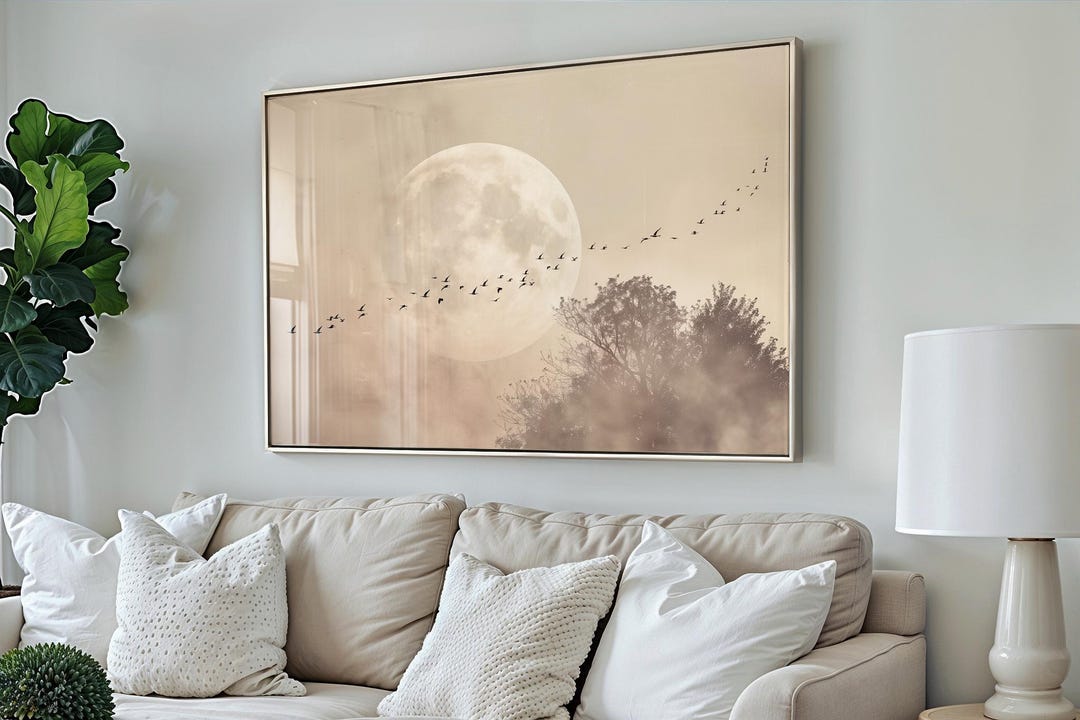 Neutral Flying Birds Wall Art Print, Beige Sun, Japandi Art, Living ...