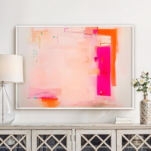 Soft Pink and Neon Colours Accents Painting Print, Bright Pink Wall Art ...