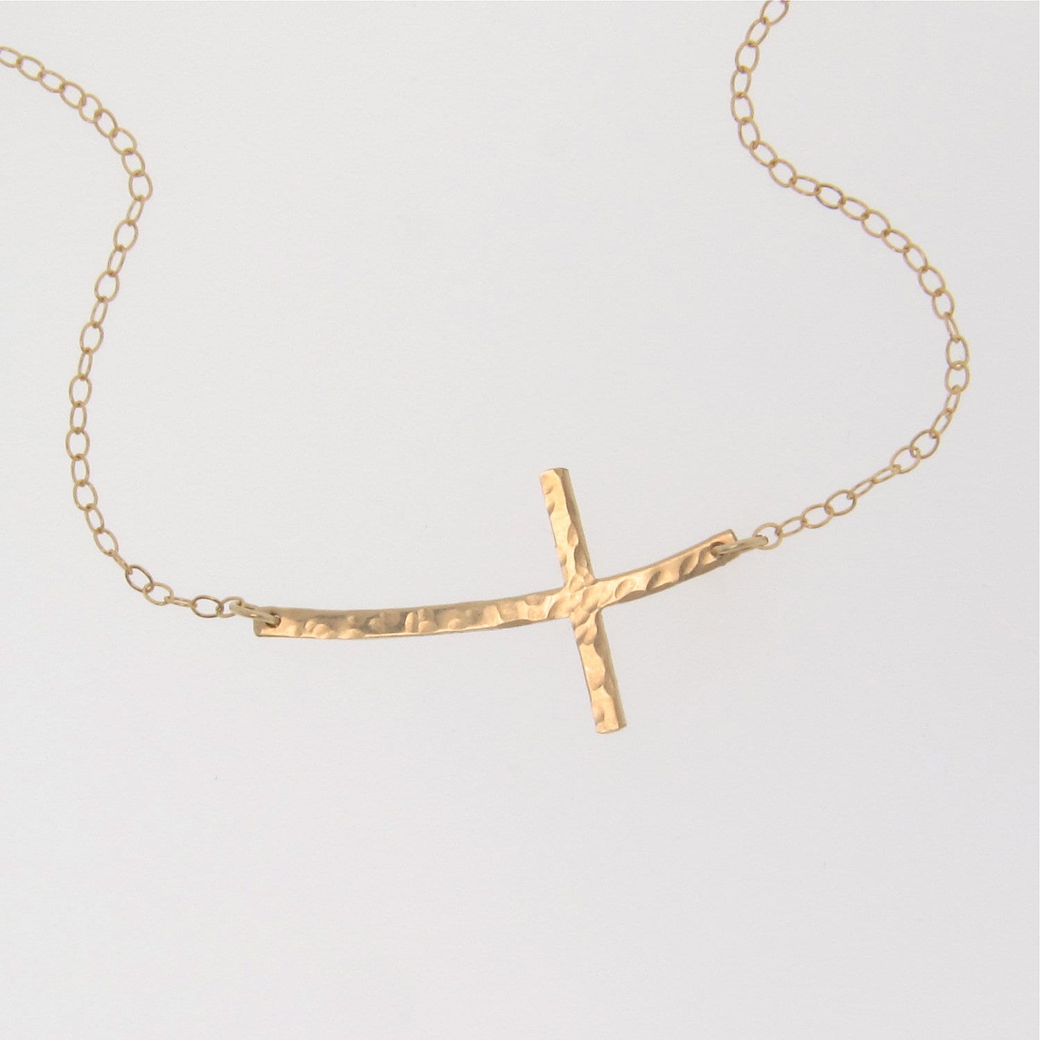 Curved Sideways Cross Necklace, Hammered Gold Filled, Sterling Silver ...