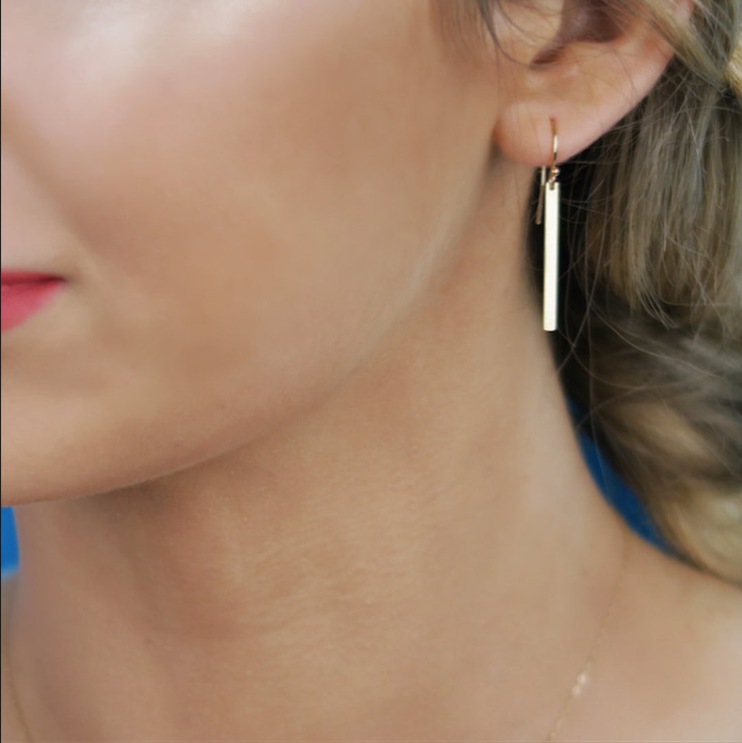 Gold Bar Earrings 14K Solid Gold Dangle Earrings Stick Earrings 14k Yellow White or Rose Gold With Hook Ear Wires or Lever Backs Etsy