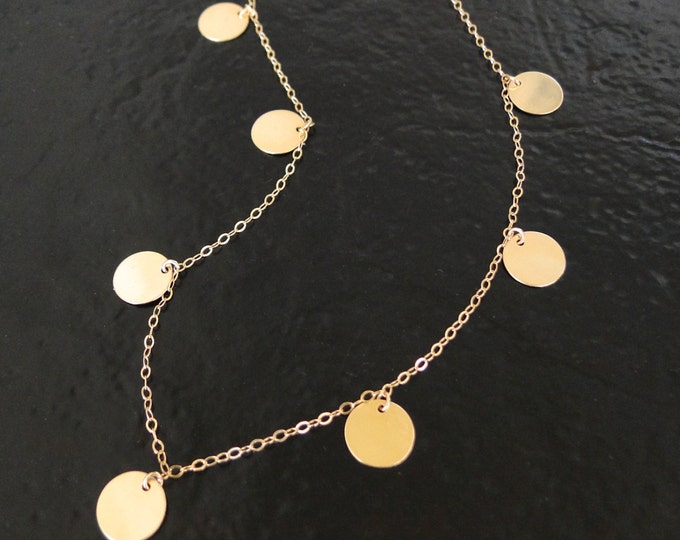 Gold Coin Drop Necklace - Round Discs in 14K Yellow or White Gold, Gold ...