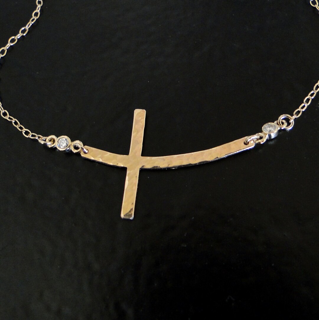 Curved Hammered Cross Necklace 14k Gold With Genuine Diamonds - or ...