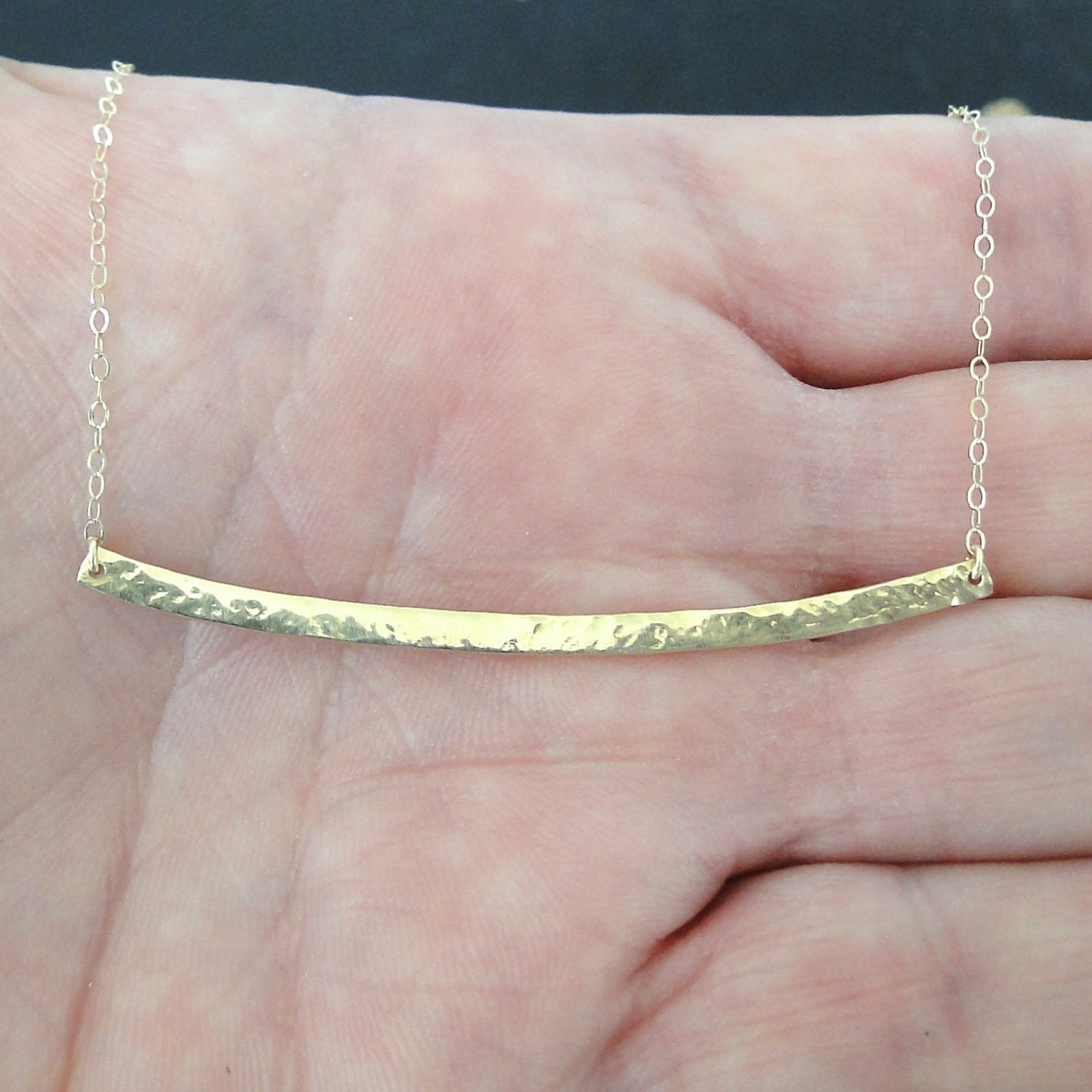 Curved Bar Diamond Necklace, 14k Gold Hammered Curved Bar Necklace ...