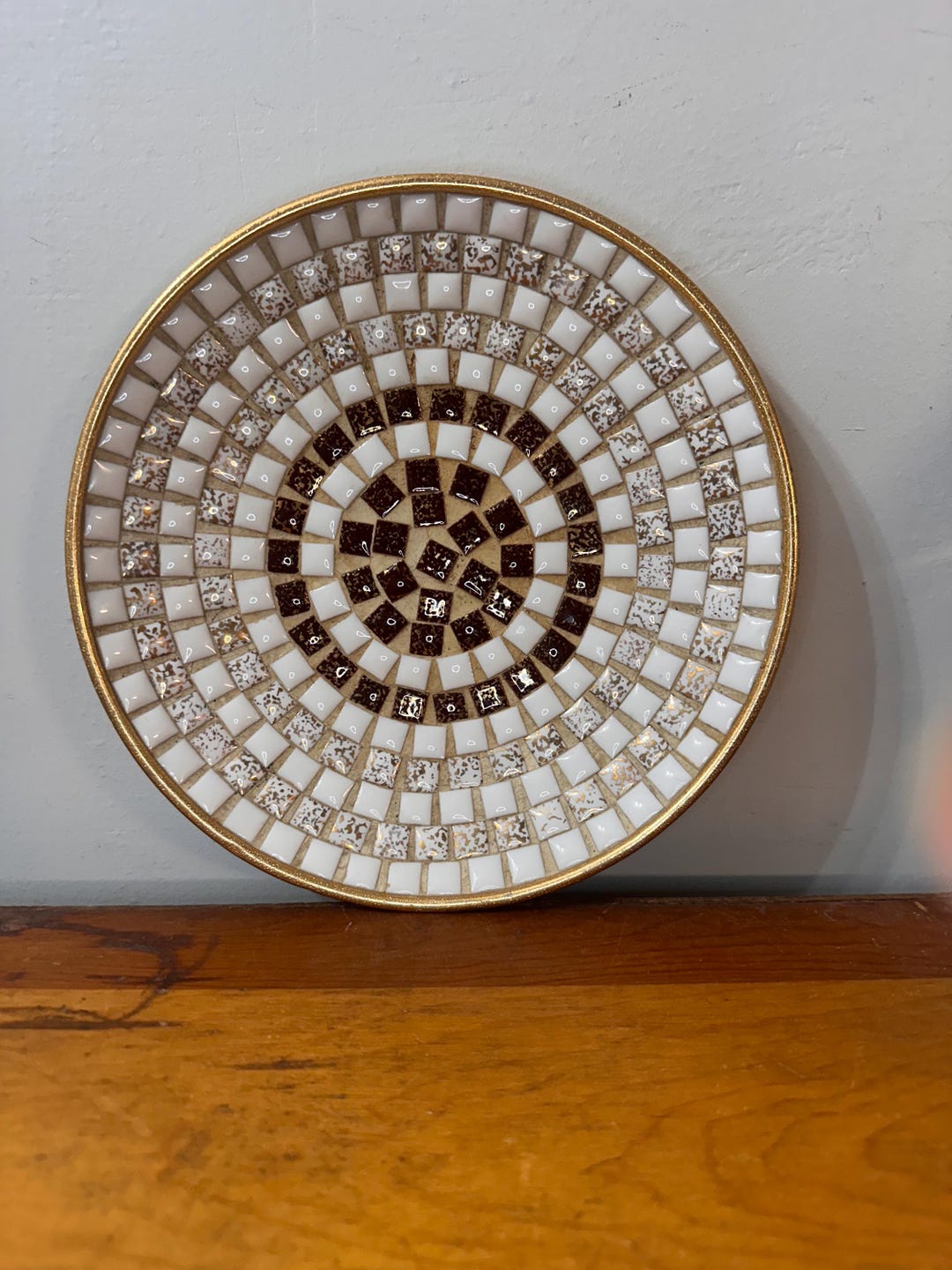Vintage MCM Decorative 8 Inch Mosaic Plate in White Browns Gold Chic ...