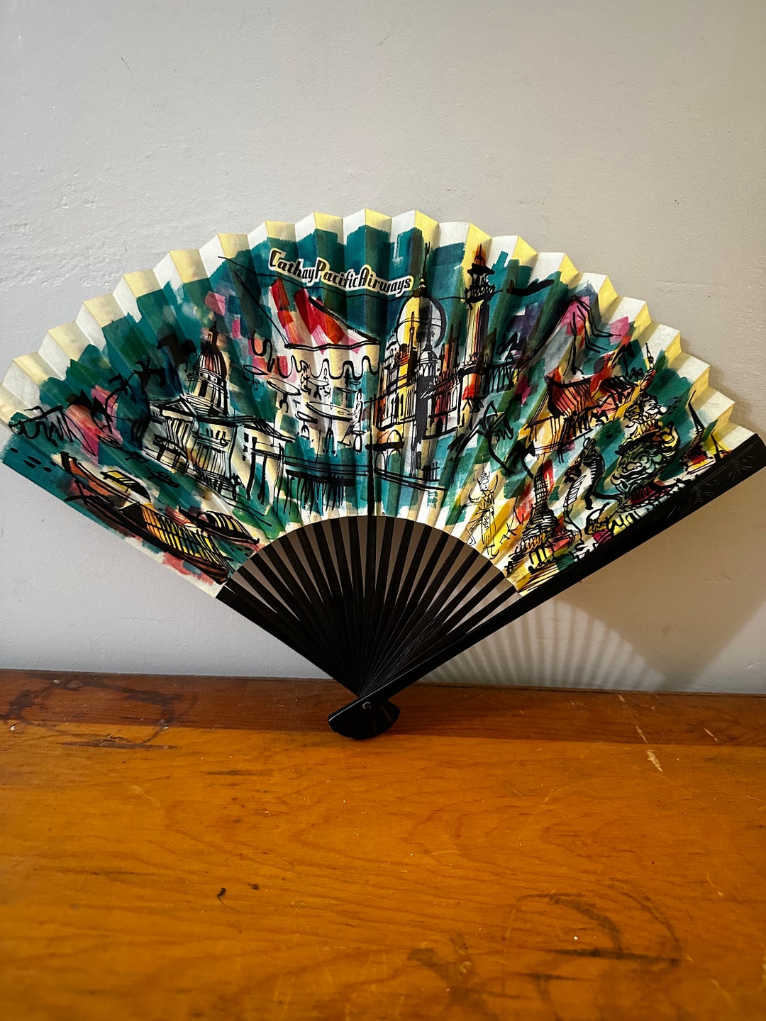 Vintage Japanese Hand Fan Cathay Pacific Airways Fan With Black Wood ...