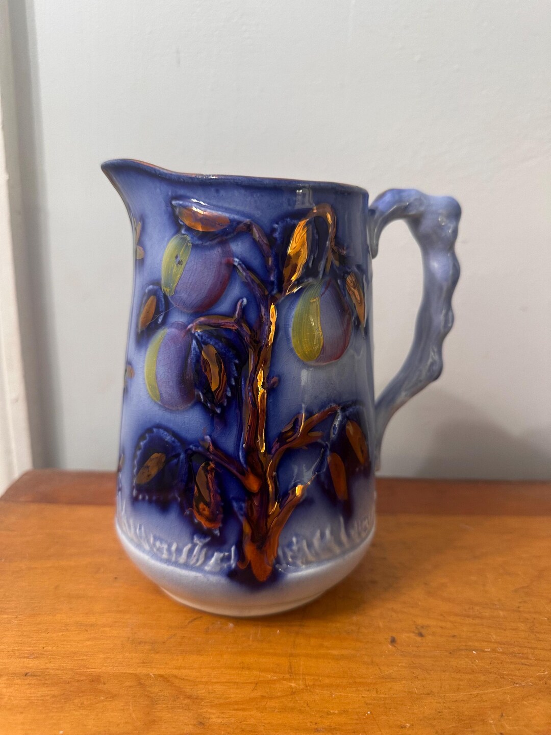 Gaudy Welsh Pottery 18.5cm Blue Jug -3d Copper Lustre Tree + Yellow ...