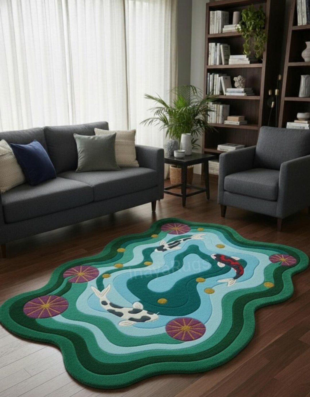 Koi Fish Shaped Area Rug, Modern Pond Inspired Rug, Abstract Wavy Green ...