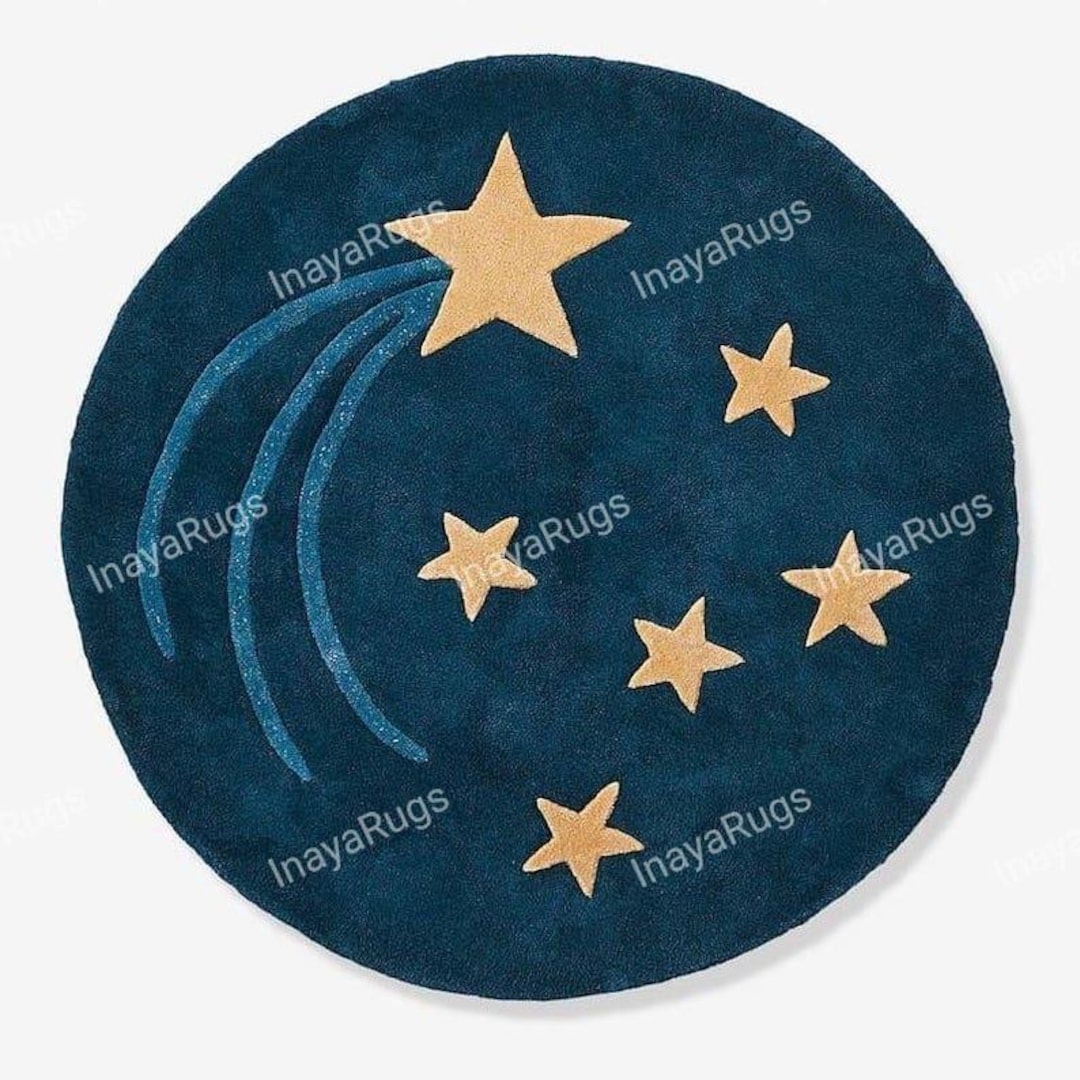 Round Shooting Star Rug for Kids Room- Navy Blue Star Pattern Carpet ...
