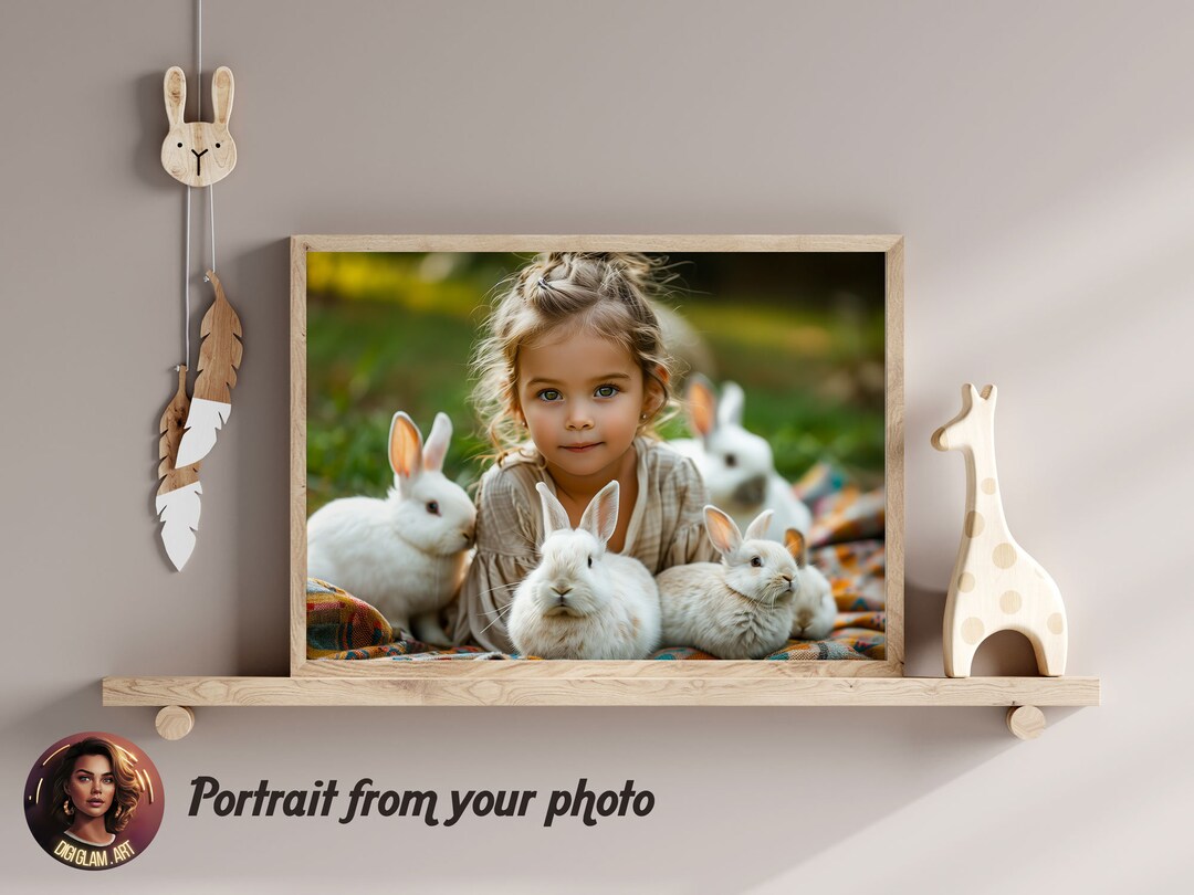 Custom Portrait From Photo Personalized Girl and Cute Rabbits Children ...