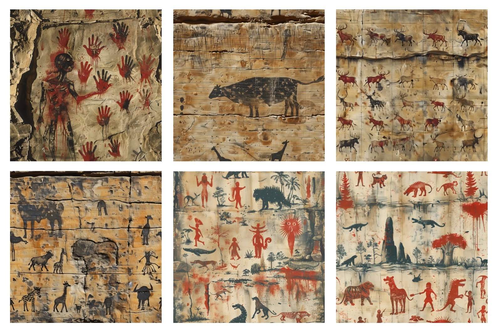 Prehistoric Cave Painting Digital Paper, Seamless Prehistoric Cave ...