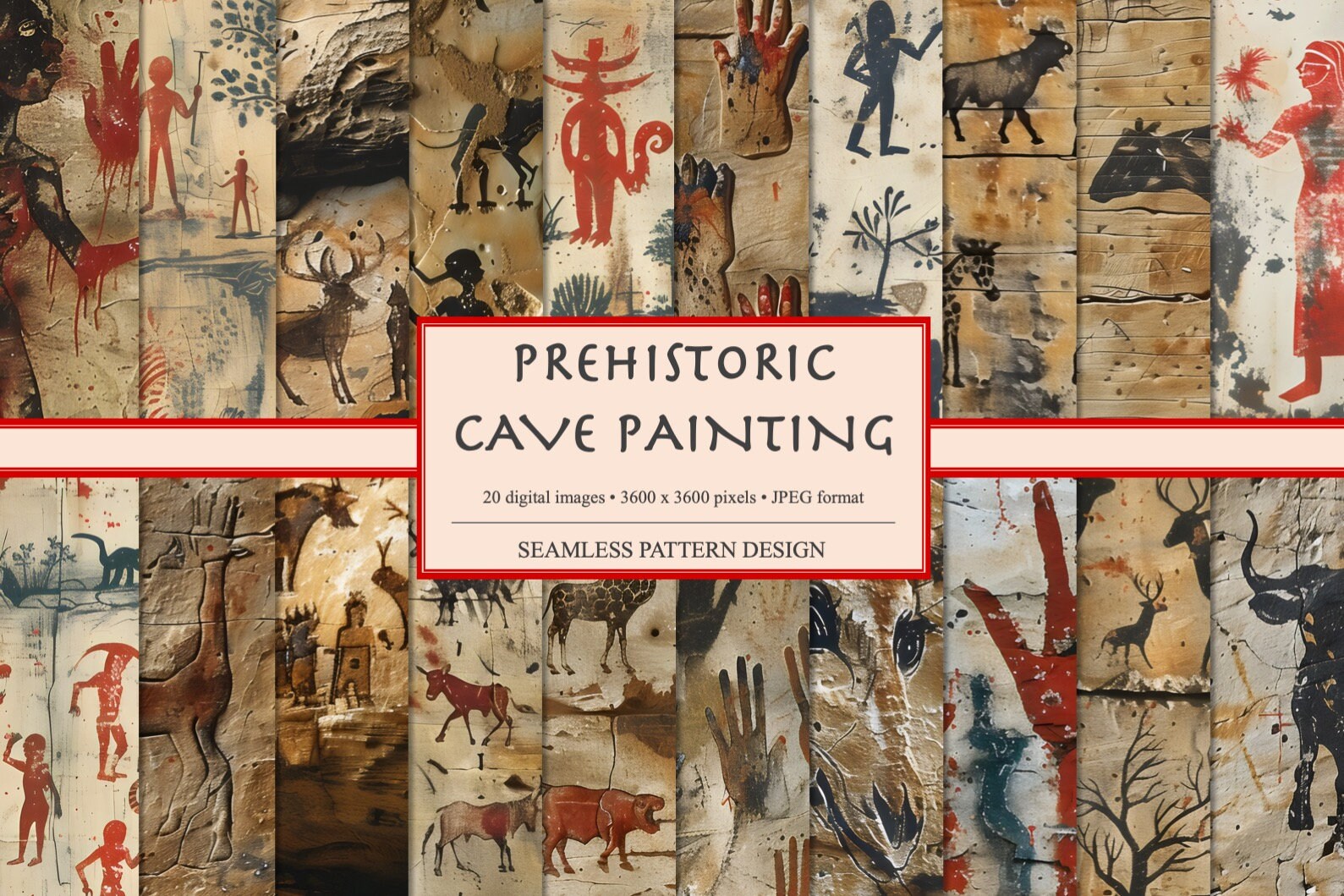 Prehistoric Cave Painting Digital Paper, Seamless Prehistoric Cave ...