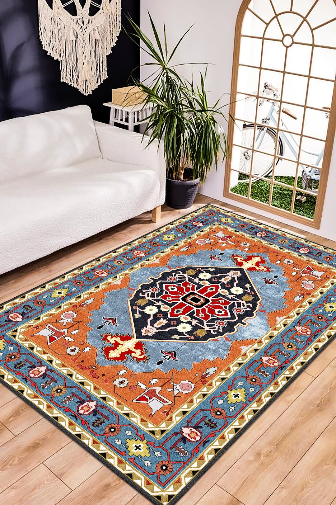 Dark Orange Rug With Blue Edges, Livingroom Bedroom Carpet ...