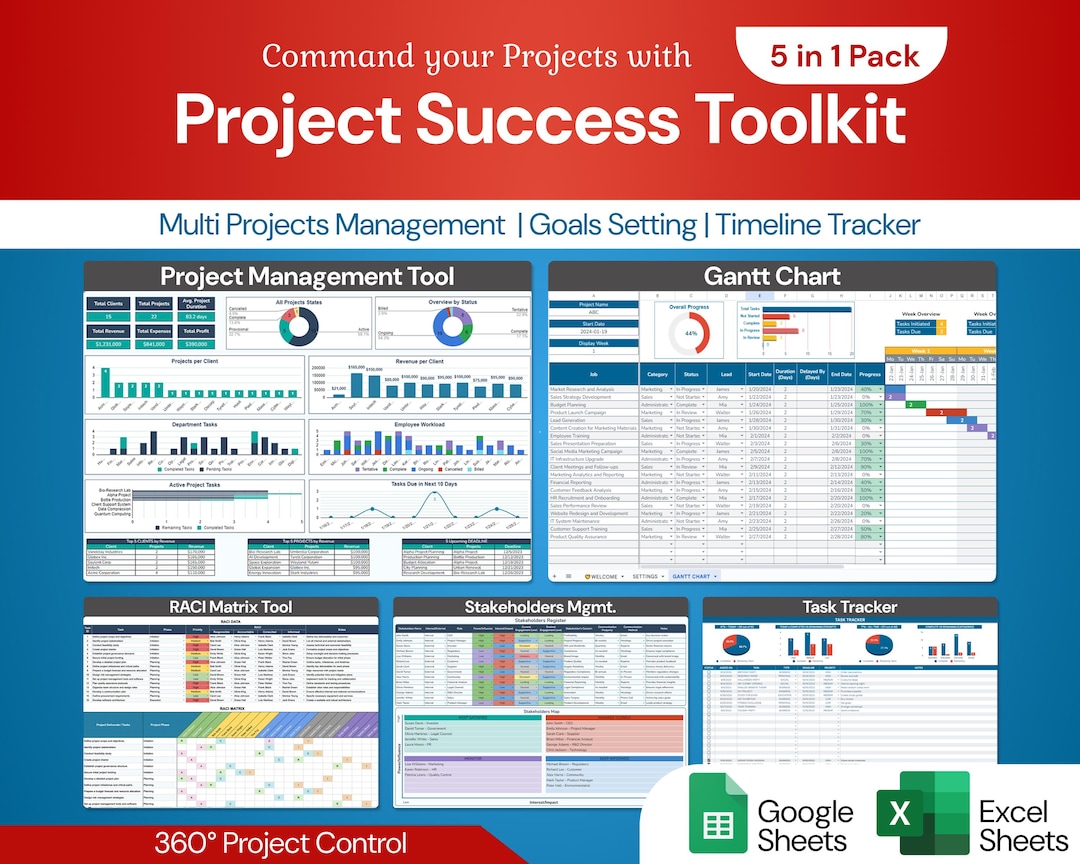 Project Success Toolkit 5in1 Pack - Excel & Google Sheets - Project ...