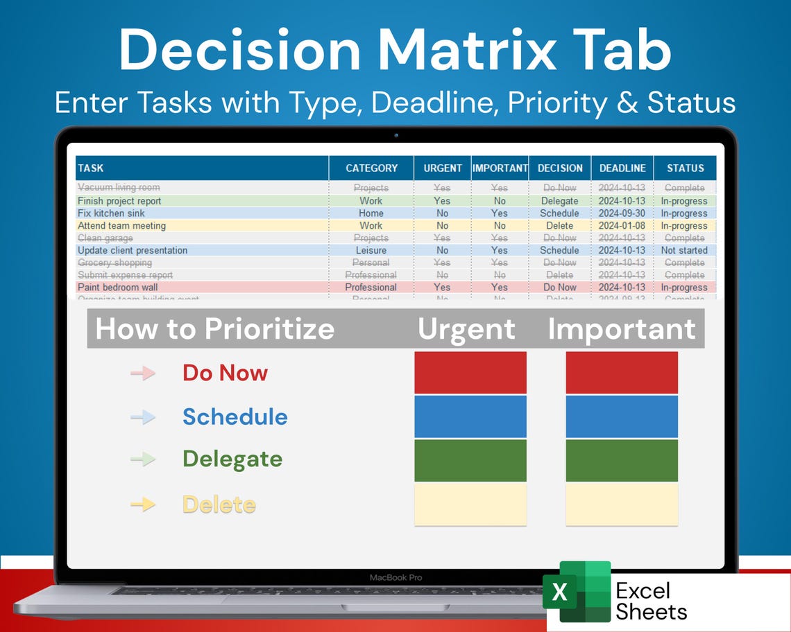 Decision Matrix Tool | Priority Tracker & Task Organizer | Excel ...
