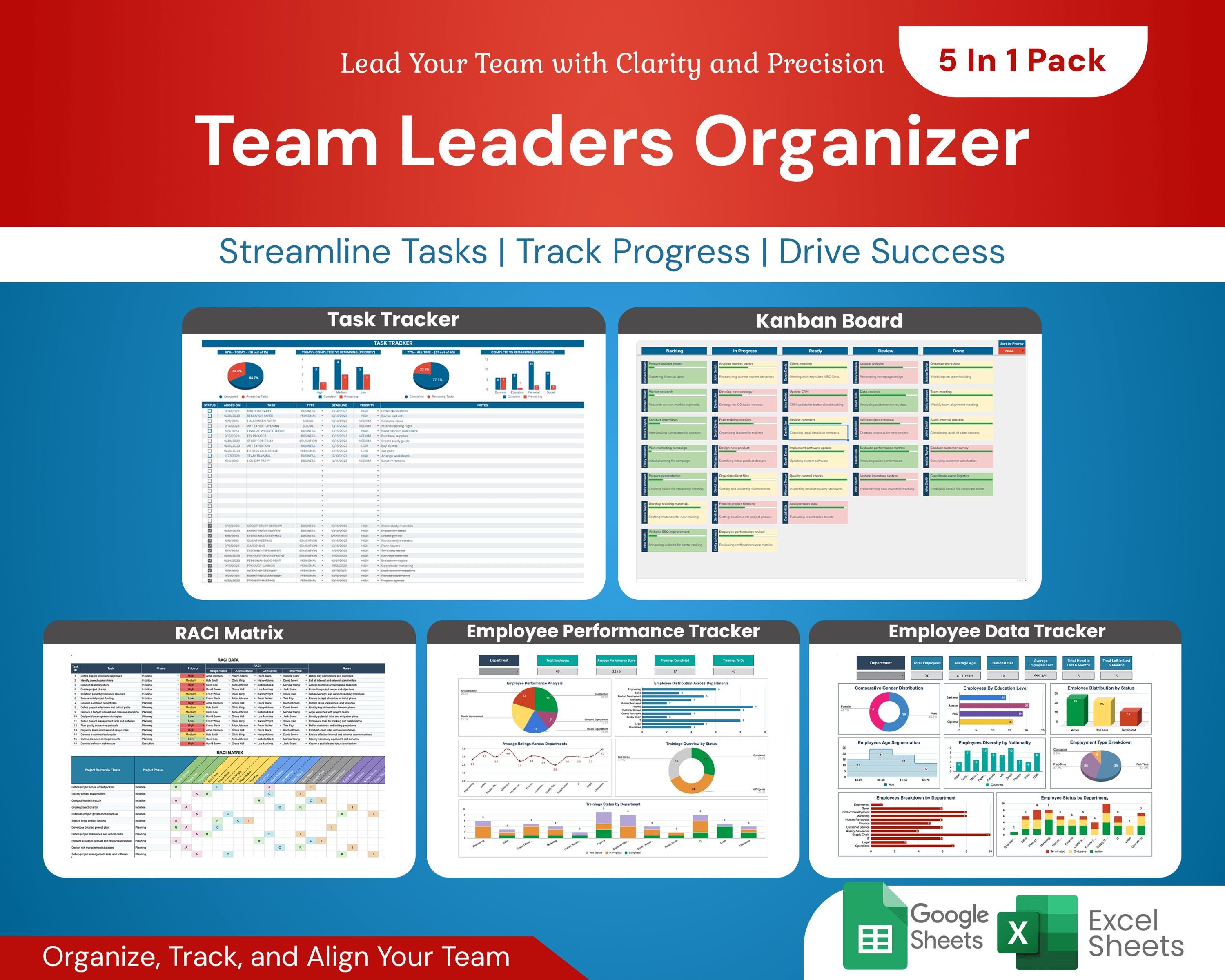 Team Leaders Organizer 5-in-1 Pack - Excel & Google Sheets ...