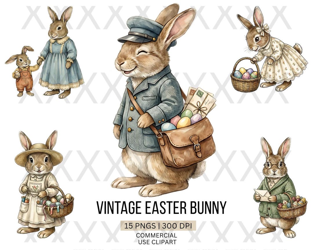 Vintage Easter Bunny Clipart Set 15 PNG 300 DPI Digital Download - Etsy