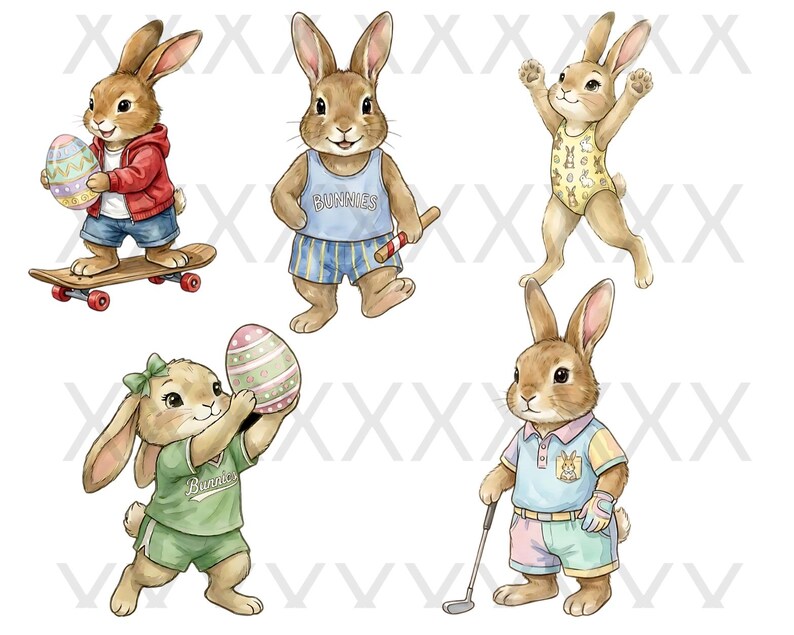 Easter Bunny Watercolor Clipart PNG Bundle | 17 Sports Bunnies ...