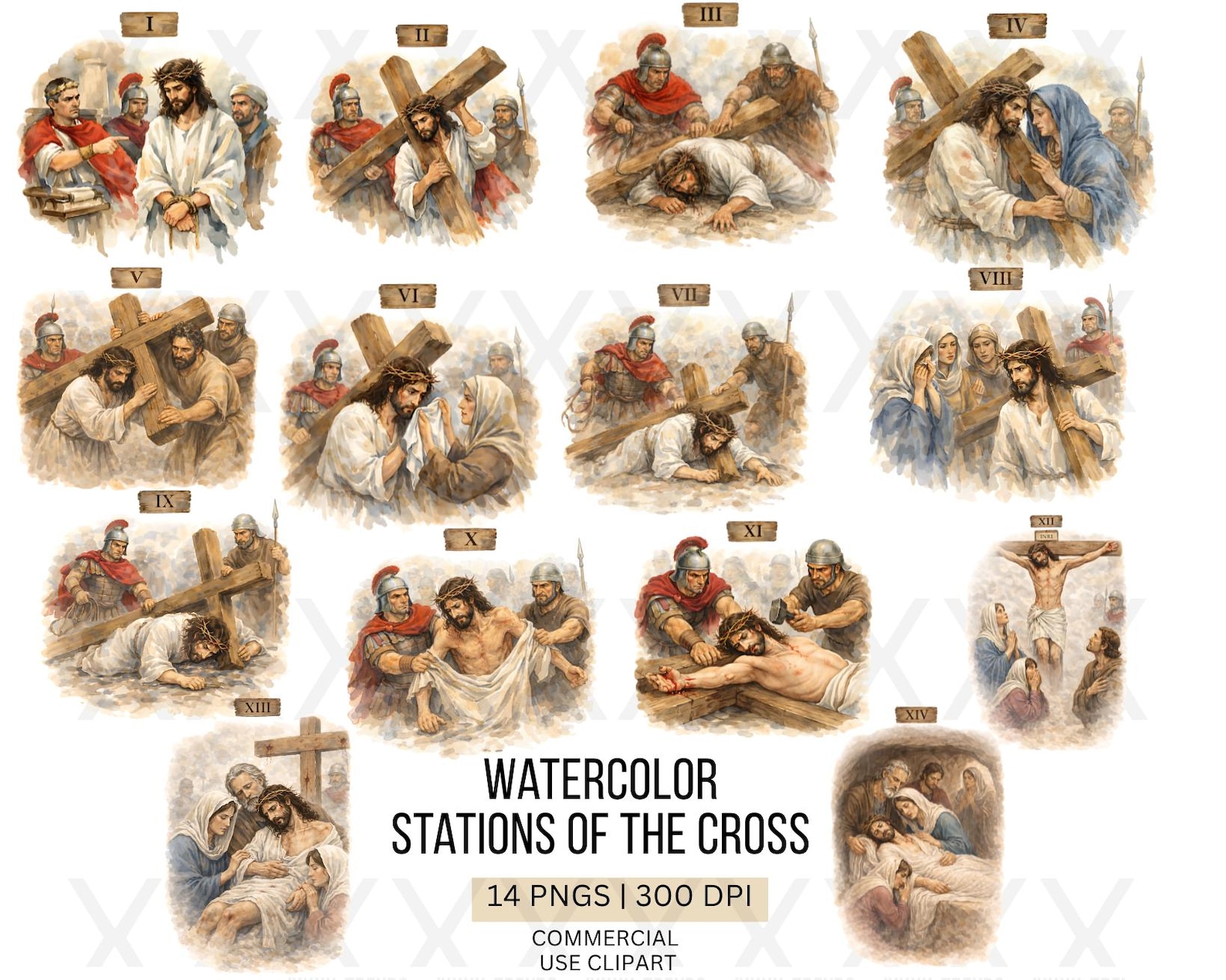Stations of the Cross Set – 14 Watercolor Christian PNG Clipart ...