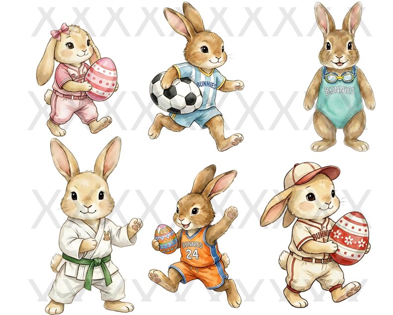 Easter Bunny Watercolor Clipart PNG Bundle | 17 Sports Bunnies ...