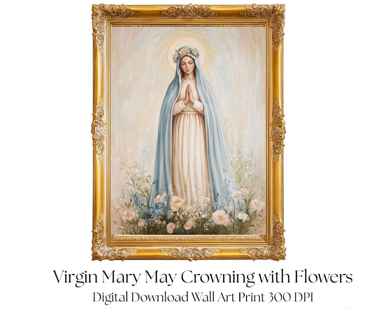 Catholic May Crowning Wall Art, Virgin Mary Print, Marian Floral Crown ...