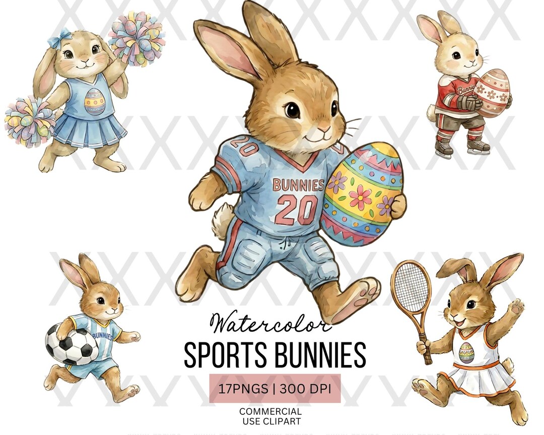 Easter Bunny Watercolor Clipart PNG Bundle | 17 Sports Bunnies ...
