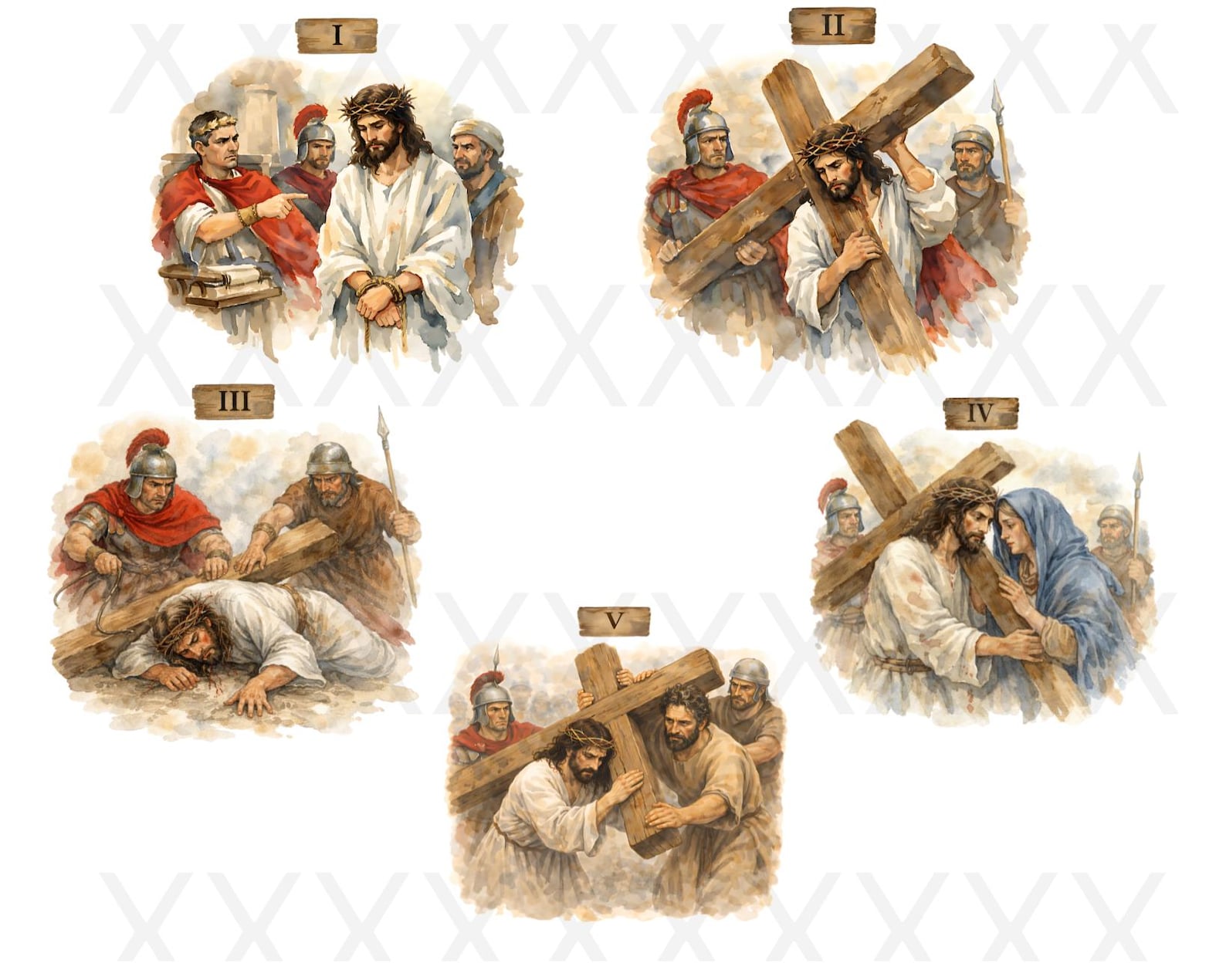 Stations of the Cross Set – 14 Watercolor Christian PNG Clipart ...