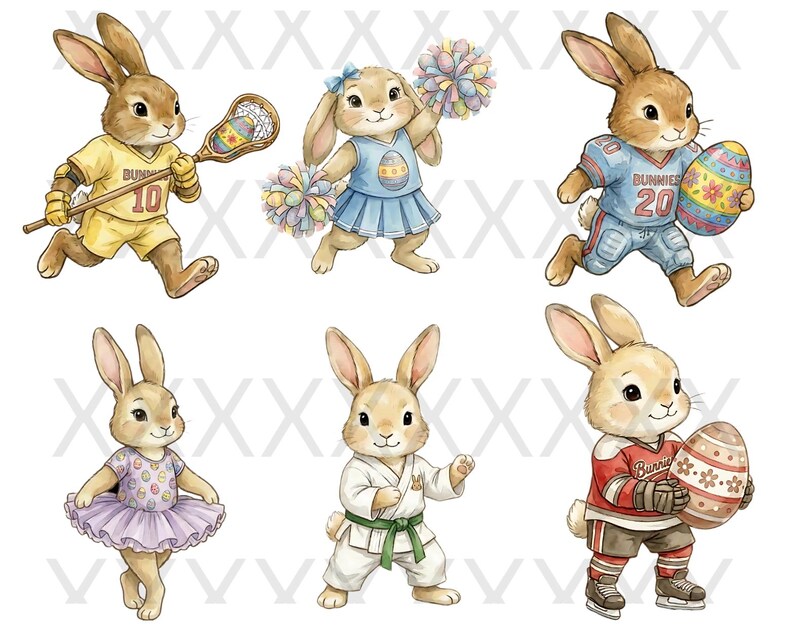 Easter Bunny Watercolor Clipart PNG Bundle | 17 Sports Bunnies ...