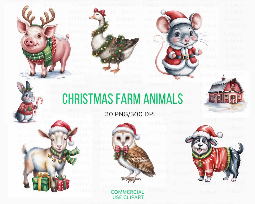 30 Christmas Farm/animals Clipart, Holiday PNG, Whimsical Christmas ...